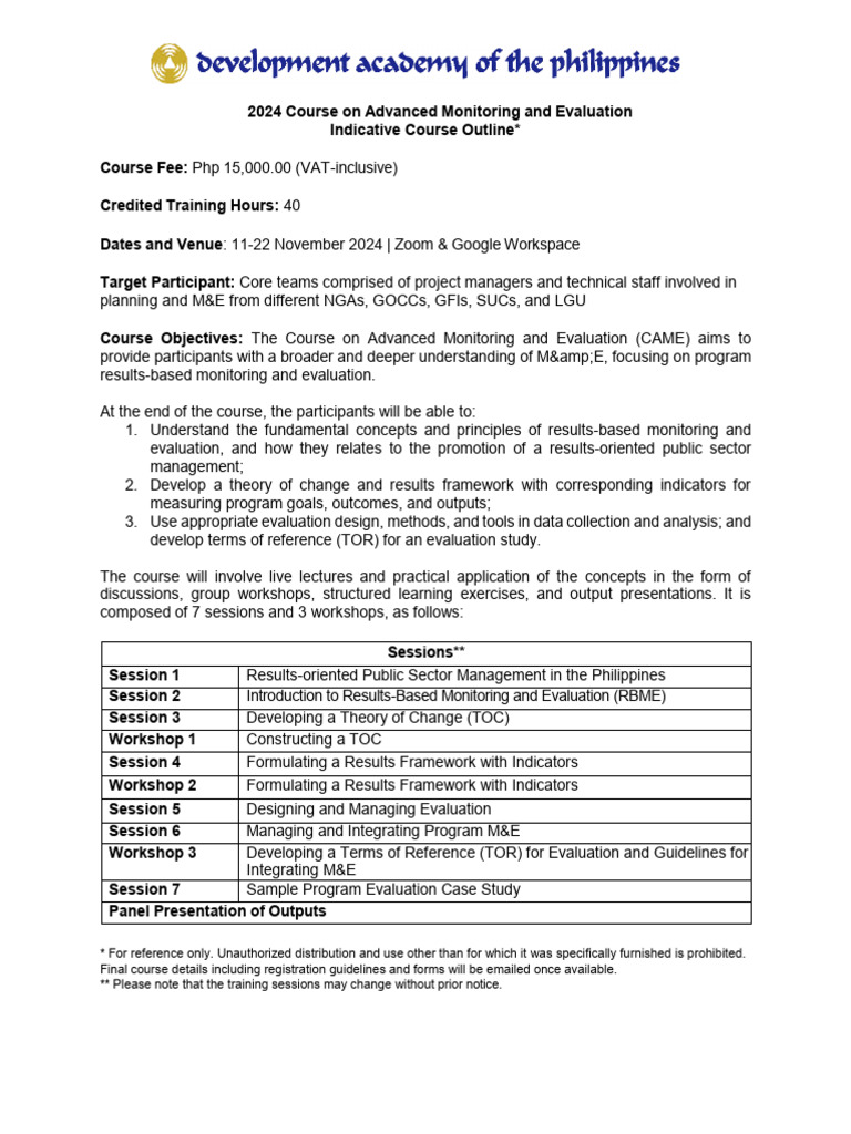 DAP - CAME Course Outline and Schedule | PDF