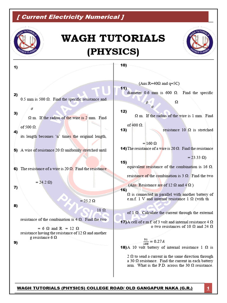 Current Electricity Numericals | PDF