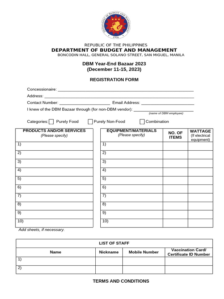 DBM Concessionaire Confirmation Form - YE Bazaar 2023. | PDF