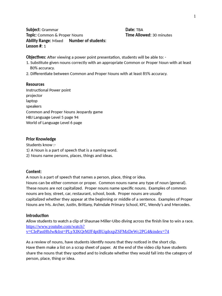 Common and (Roper Nouns Lesson Plan | PDF