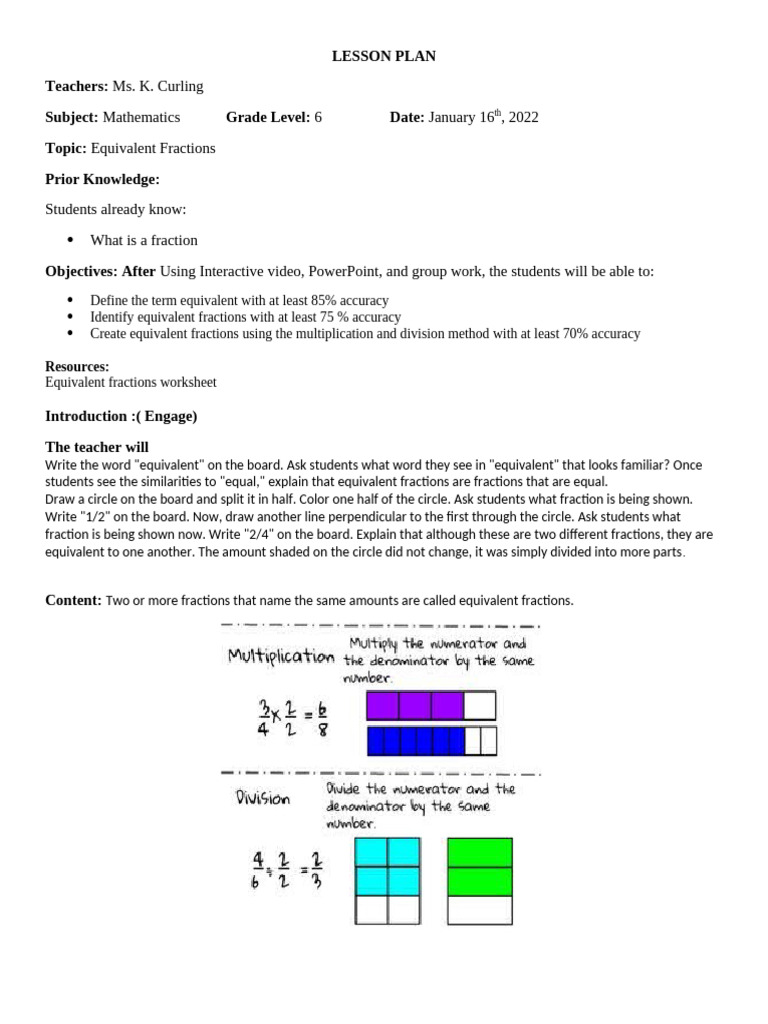 Equivalent Fractions Lesson Plan | PDF