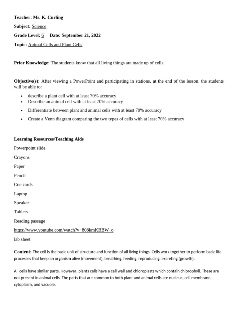 Animal and Plant Cells Lesson Plan | PDF