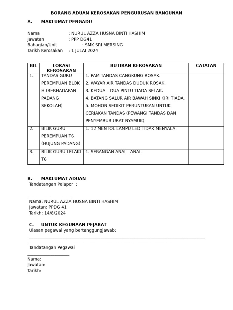 Borang Aduan Kerosakan Pengurusan Bangunan | PDF