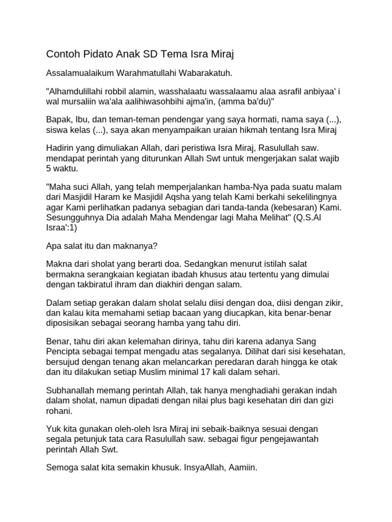 Contoh Pidato Anak SD Tema Isra Miraj | PDF