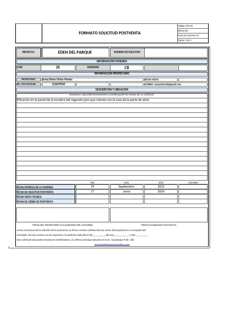 Formato Solicitud de Postventa Eden | PDF