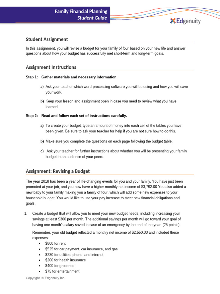 Project-Family Financial Planning-Student Guide | PDF | Teachers | Budget