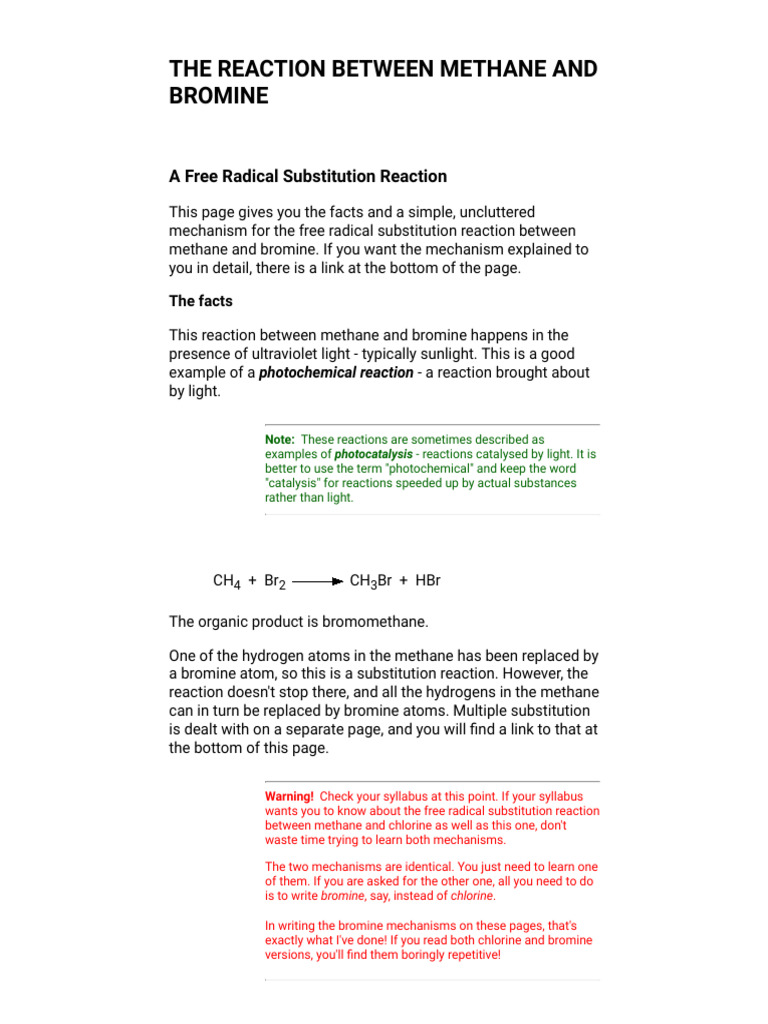Free Radical Substitution in The Methane and Bromine Reaction | PDF