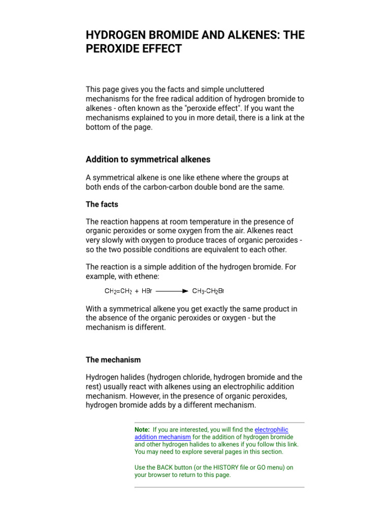 Hydrogen Bromide and Alkenes - The Peroxide Effect | PDF