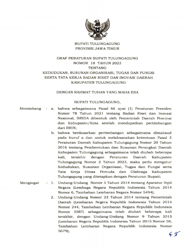 Perbup - Nomor - 18 - Tahun - 2023 - Sotk Brida Ta | PDF