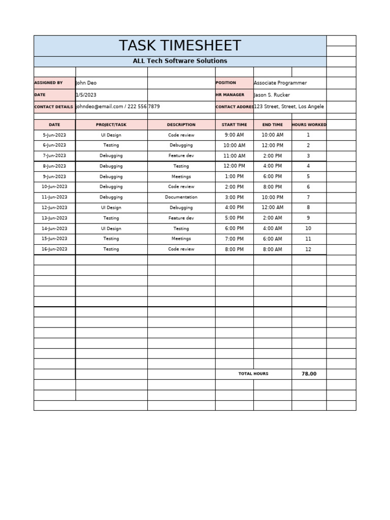 Task Timesheet Template | PDF