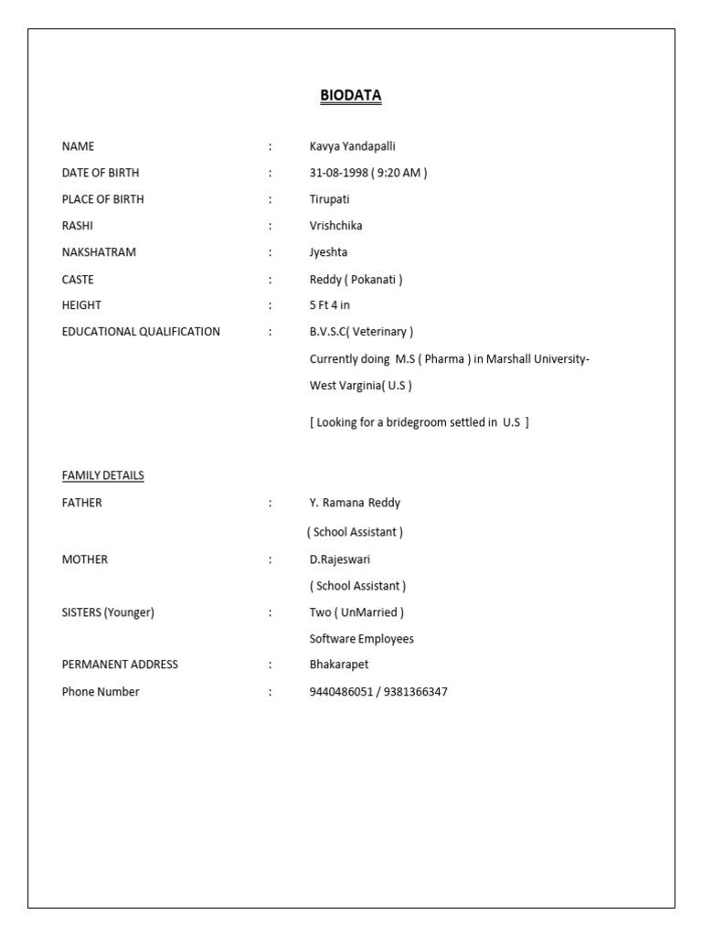 Kavya Biodata | PDF