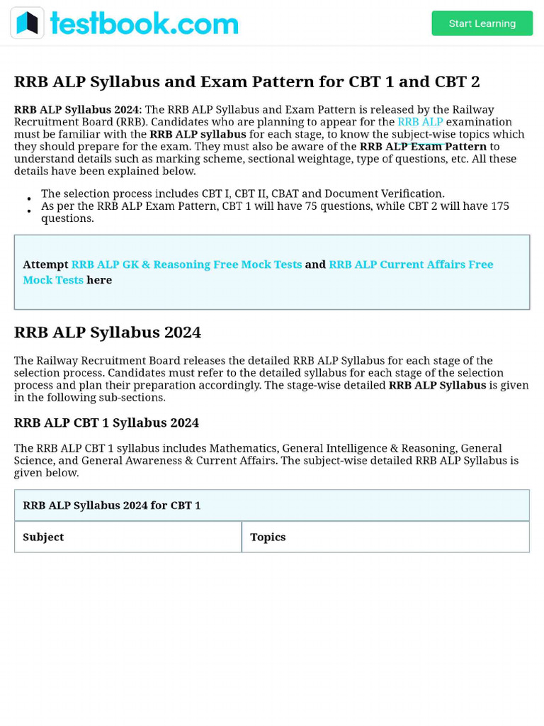 RRB ALP Syllabus and Exam Pattern For CBT 1 and CBT 2 | PDF