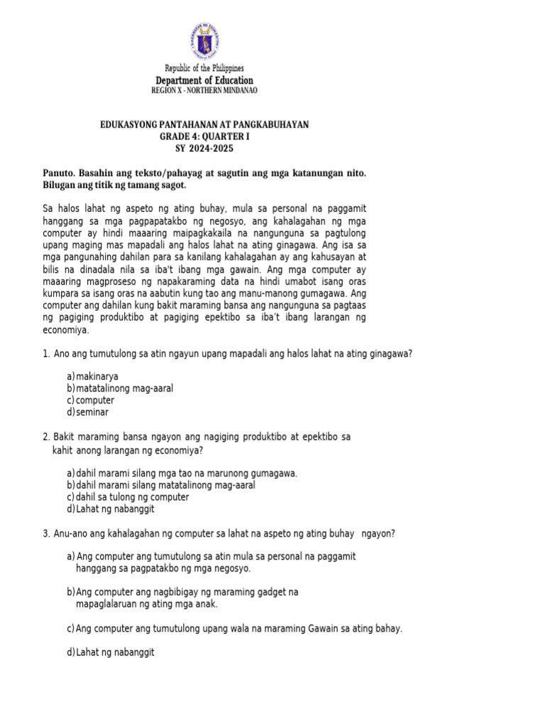 Grade 4 Epp For Qi. Final | PDF