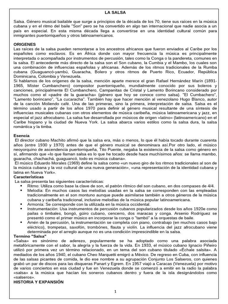 Genero Musical La Salsa - Resumen en 1 Hoja | PDF