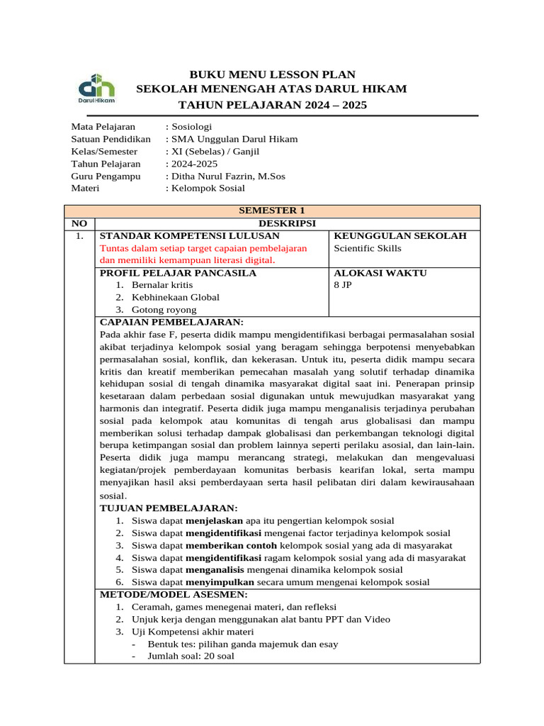 LESSON PLAN - Sosiologi XI (BAB I) | PDF
