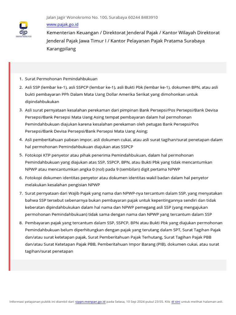 Standar Pelayanan - Permohonan Pemindahbukuan (PBK) | PDF