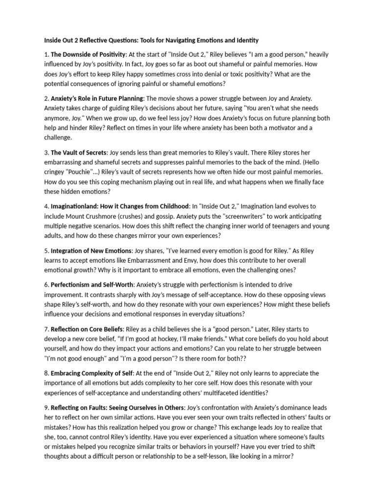 Inside Out 2 Reflective Questions | PDF | Emotions | Self-Improvement