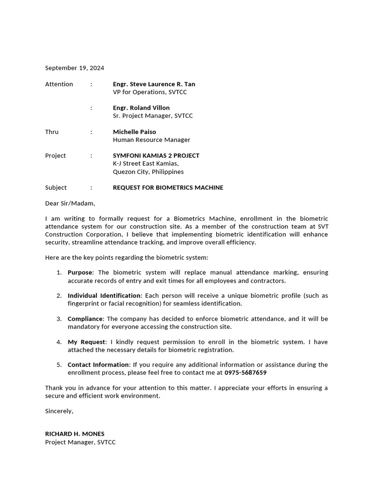 Request For Biometrics Machine | PDF