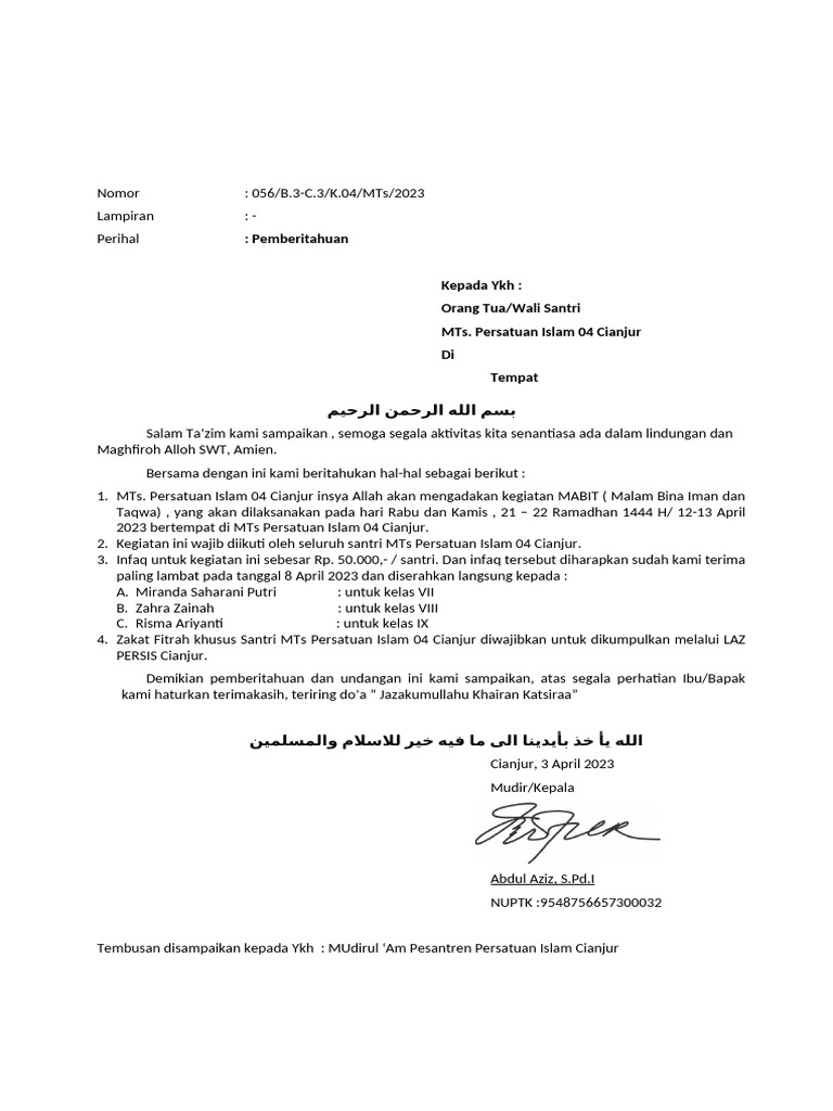 Surat Pemberitahuan Mabit 2023 | PDF