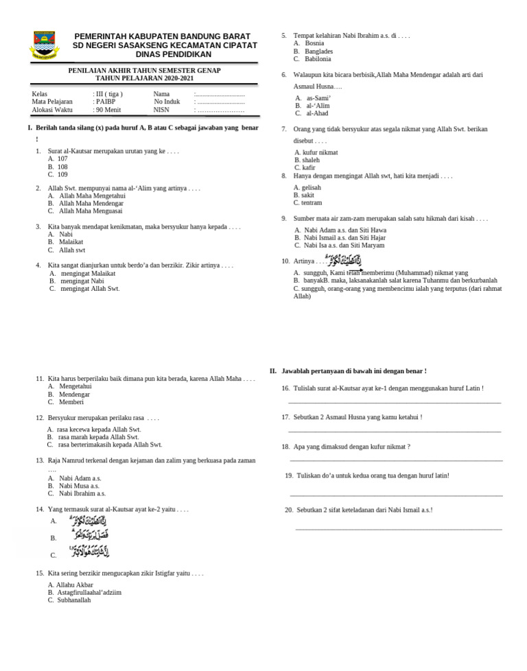 1.3. Soal Pat Paibp Kelas 3 2020-2021 SSK | PDF
