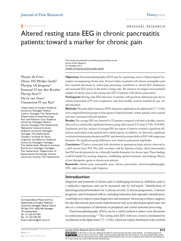(De Vries, 2013) Altered Resting State EEG in Chronic Pancreatitis ...