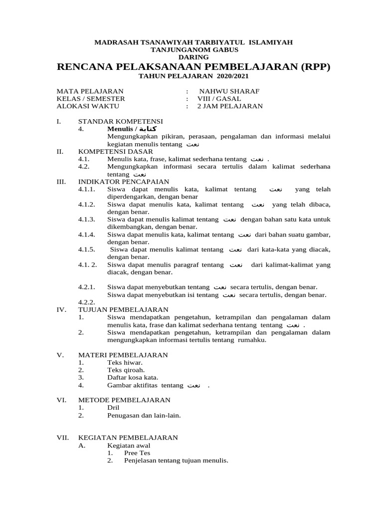 RPP Nahwu 8 Ganjil | PDF