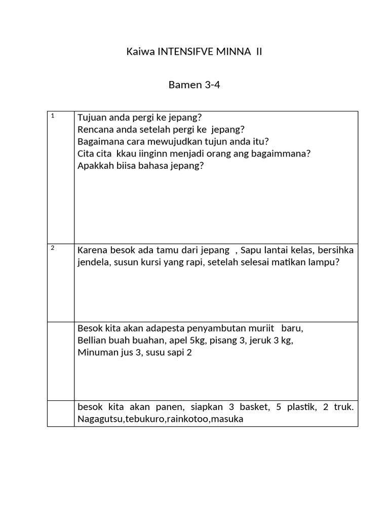 Kaiwa Bamen Minna II Bab 3-4 | PDF