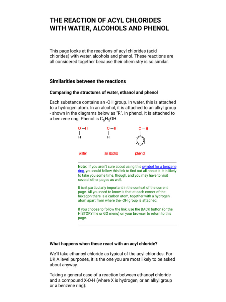 Acyl Chlorides and Water, Alcohols or Phenol | PDF