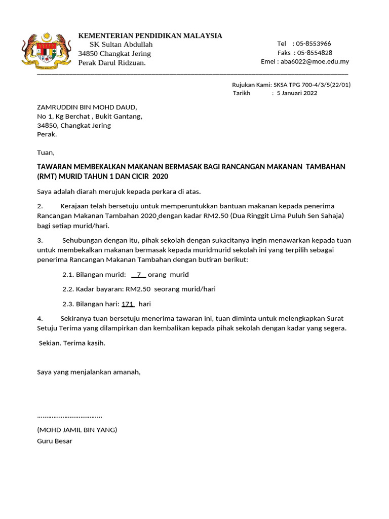 Surat Tawaran RMT Pengusaha Kantin 2022 Murid Cicir Dan Tahun 1 | PDF