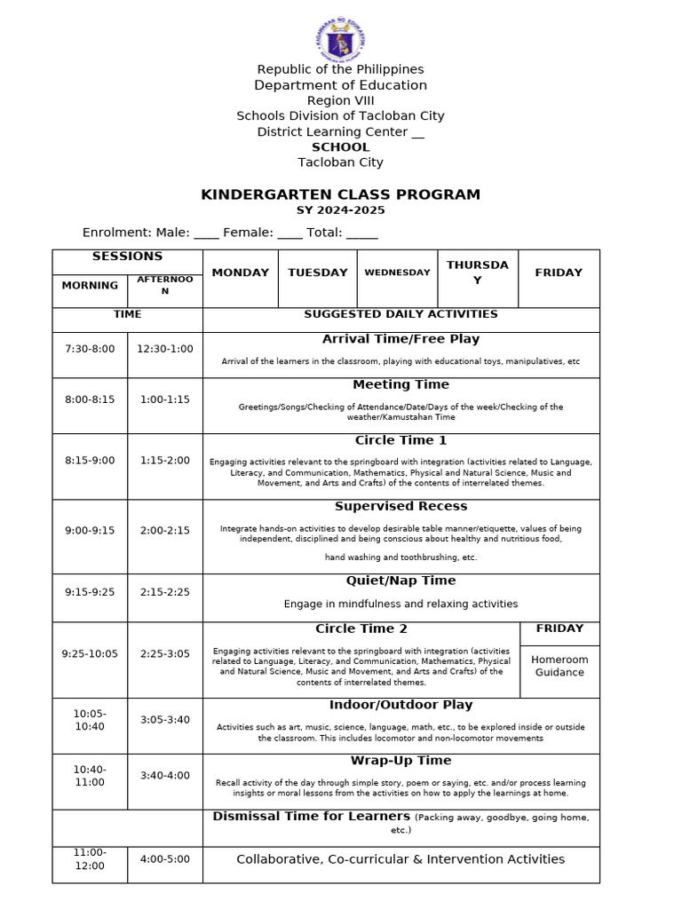 Kindergarten Class Program - Sy 2024-2025 - Option 2 | PDF