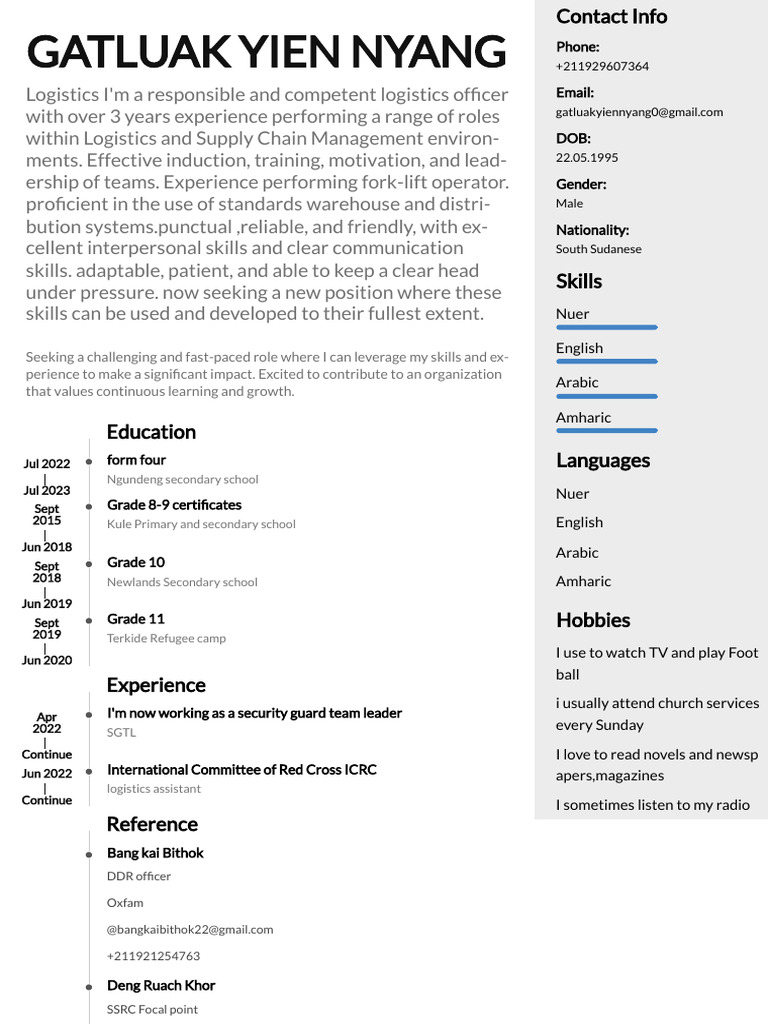 Gatluak Yien Resume 806 | PDF