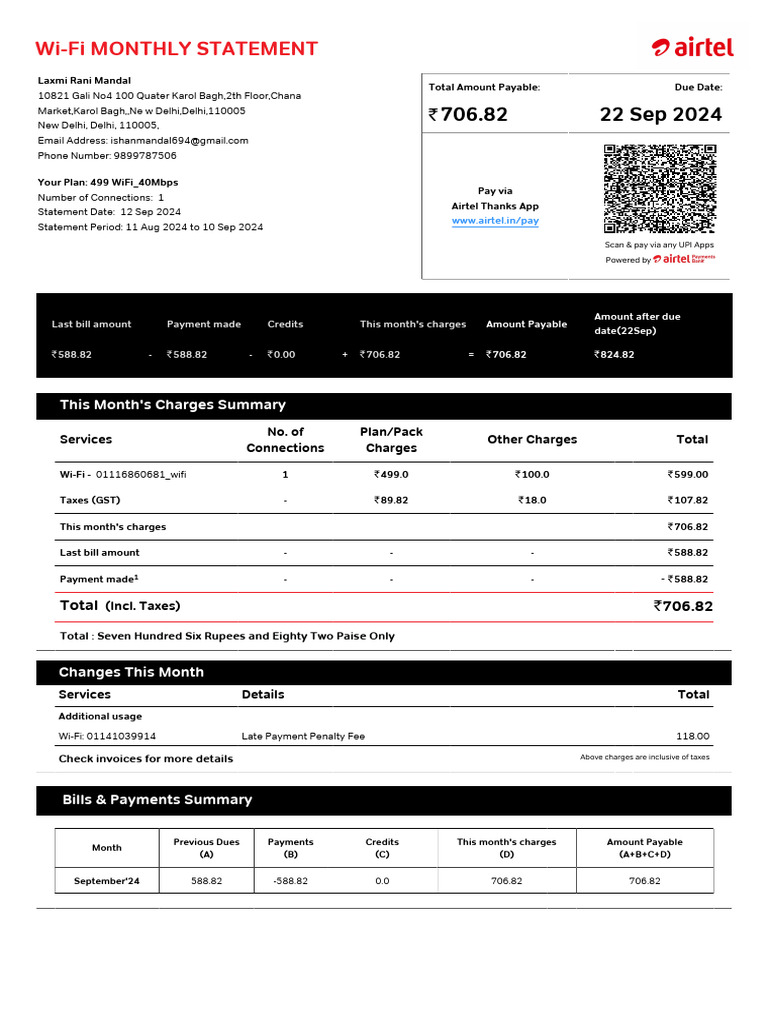 Wi-Fi Monthly Statement: This Month's Charges Summary | PDF
