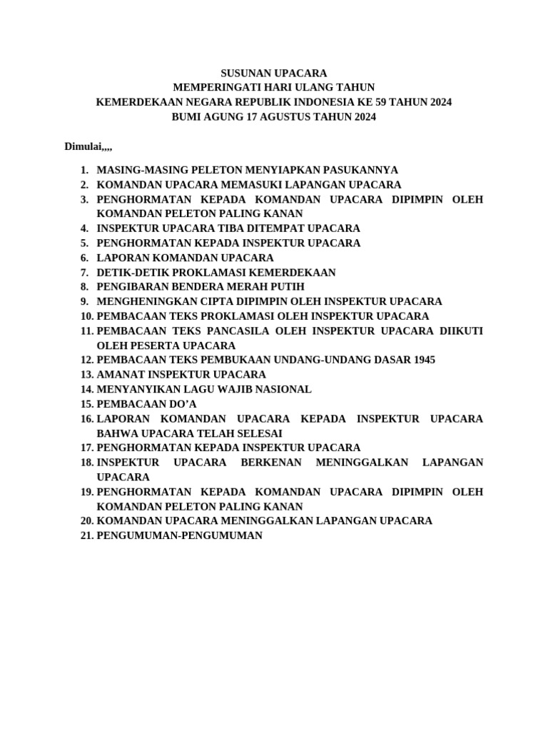 Susunan Upacara 17 Agustus Tahun 2024 | PDF