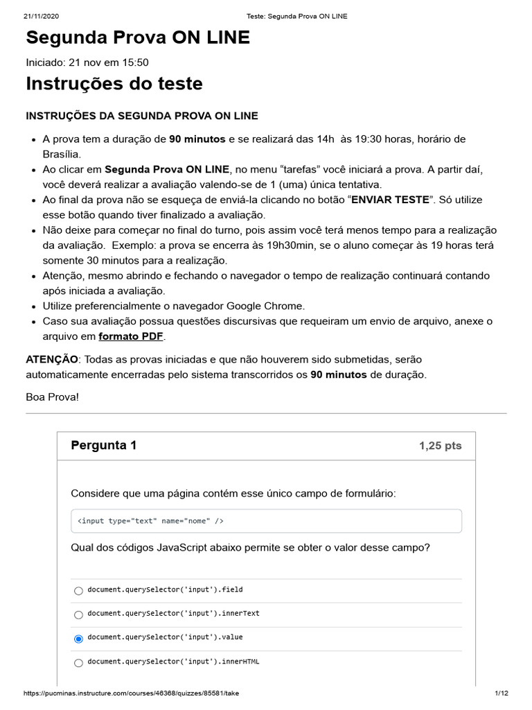 Segunda Prova ON LINE Instruções Do Teste | PDF