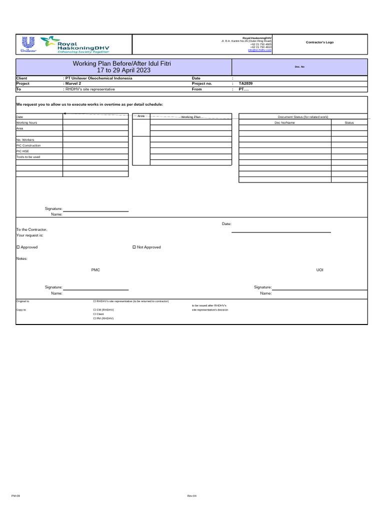 PM-09 Working Plan Before & After Idul Fitri 17-29 April 23 - SubCon | PDF