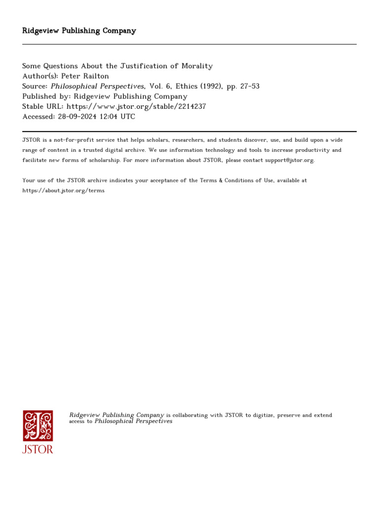Some Questions About The Justification of Morality | PDF