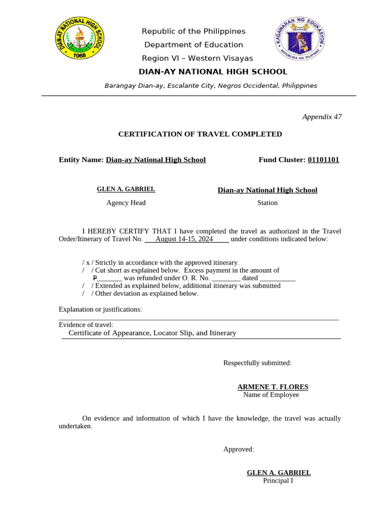 Certificate of Travel Completed | PDF