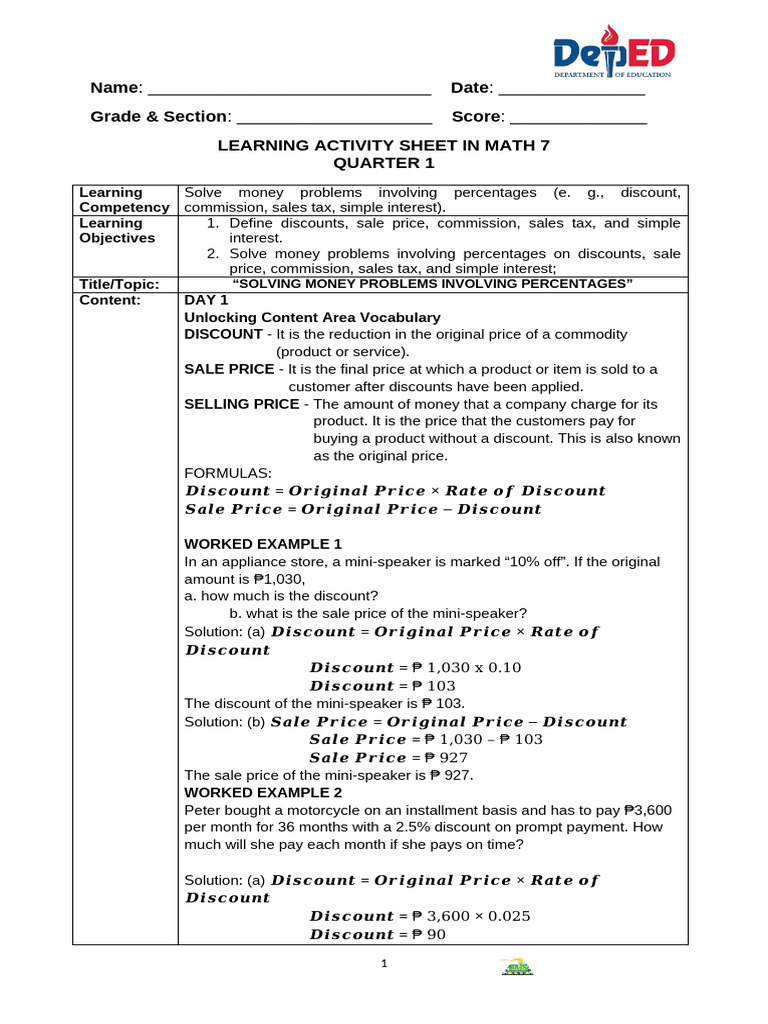 LAS - MATH 7 - QUARTER 1 (Day 1-2) | PDF