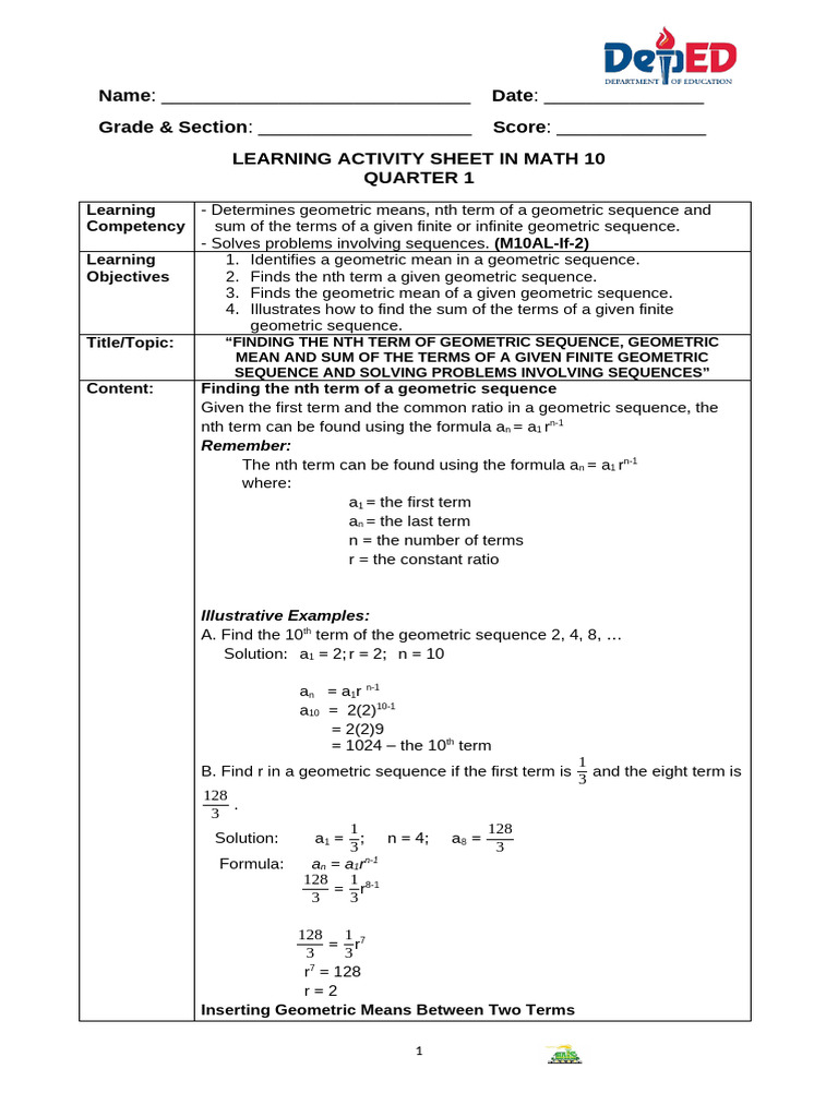 LAS - MATH 10 - QUARTER 1 (Day 1-2) | PDF