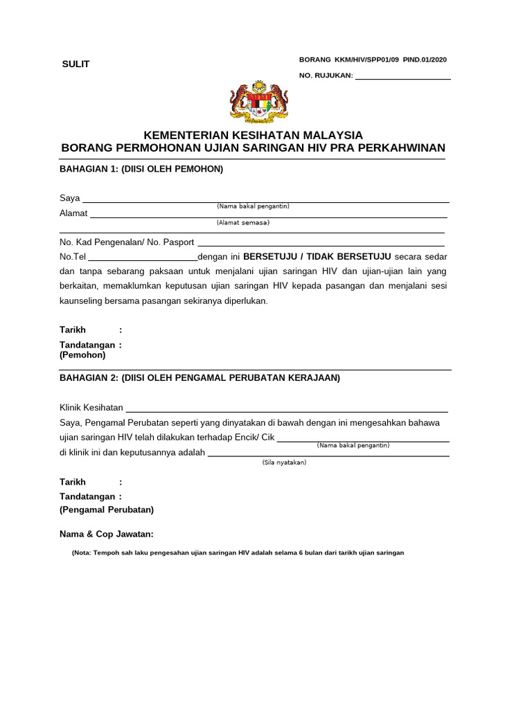 56511-Borang Ujian Saringan HIV Pra Perkahwinan KKM | PDF