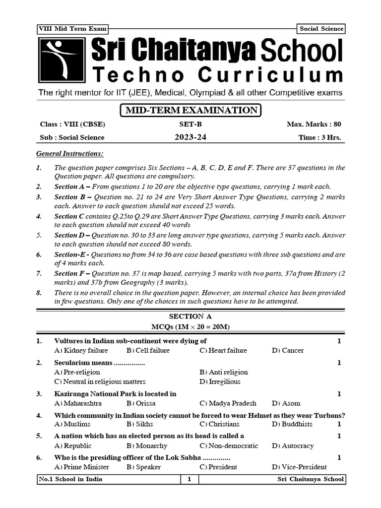 Social Science (CBSE) VIII Class Set-B Mid Term QP 2023-24 | PDF