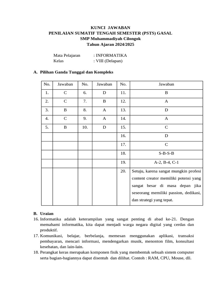 Kunci Jawaban Dan Pedoman Penilaian 8 INFORM | PDF