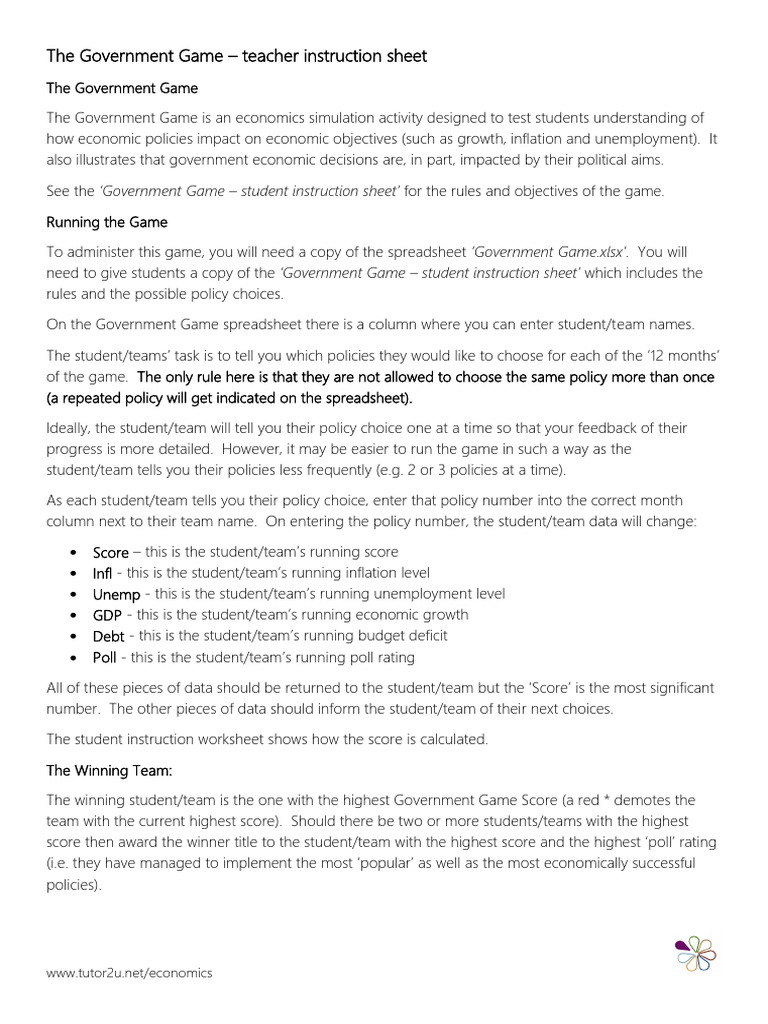 The Government Game Teacher Instructions | PDF