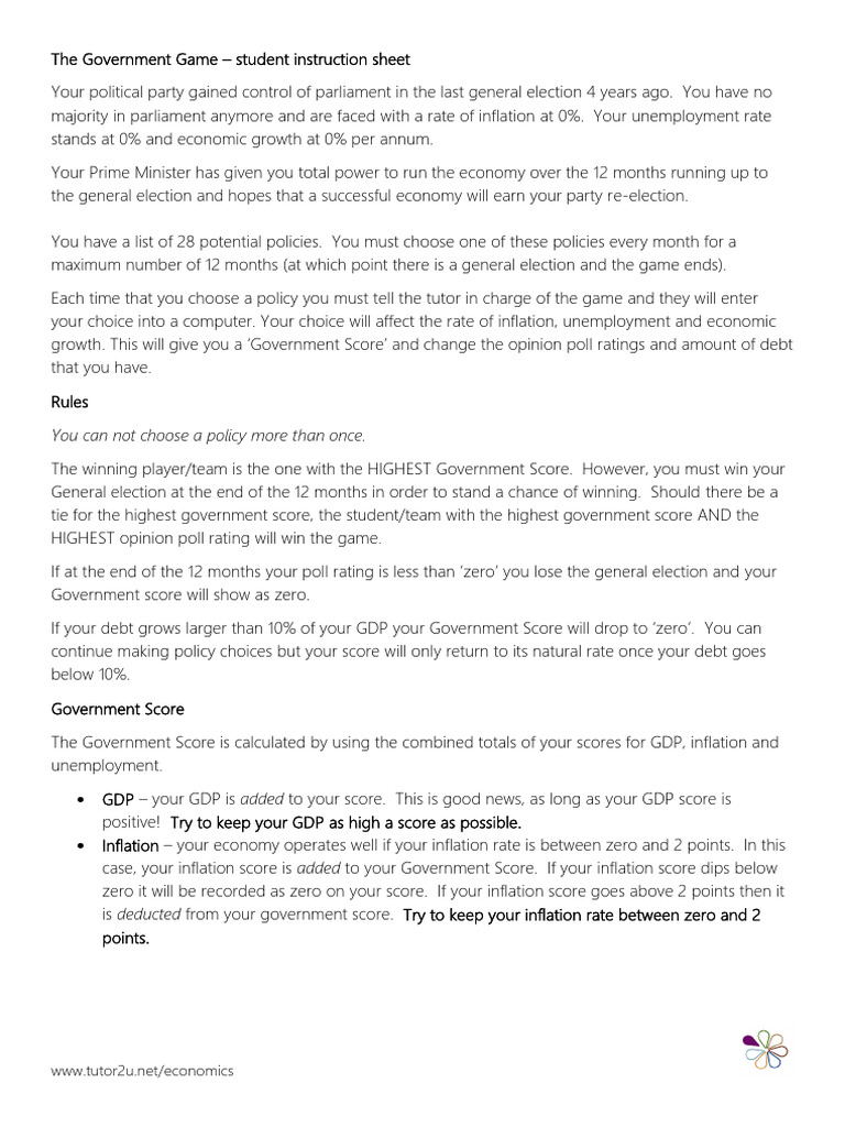 The Government Game Student Worksheet | PDF