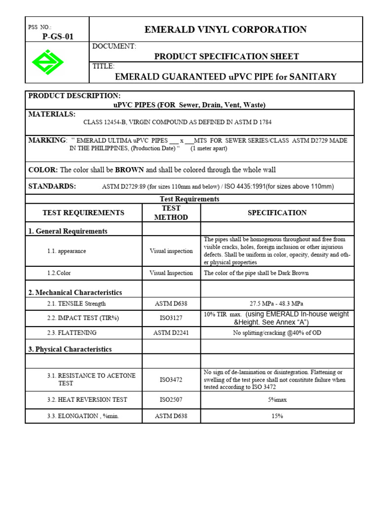 Emerald uPVC Pipe Specification Sheet | PDF | Pipe (Fluid Conveyance ...
