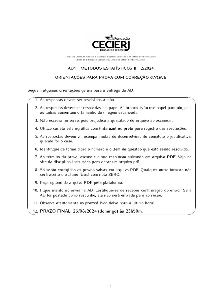 AD1 MEstII Questoes | PDF