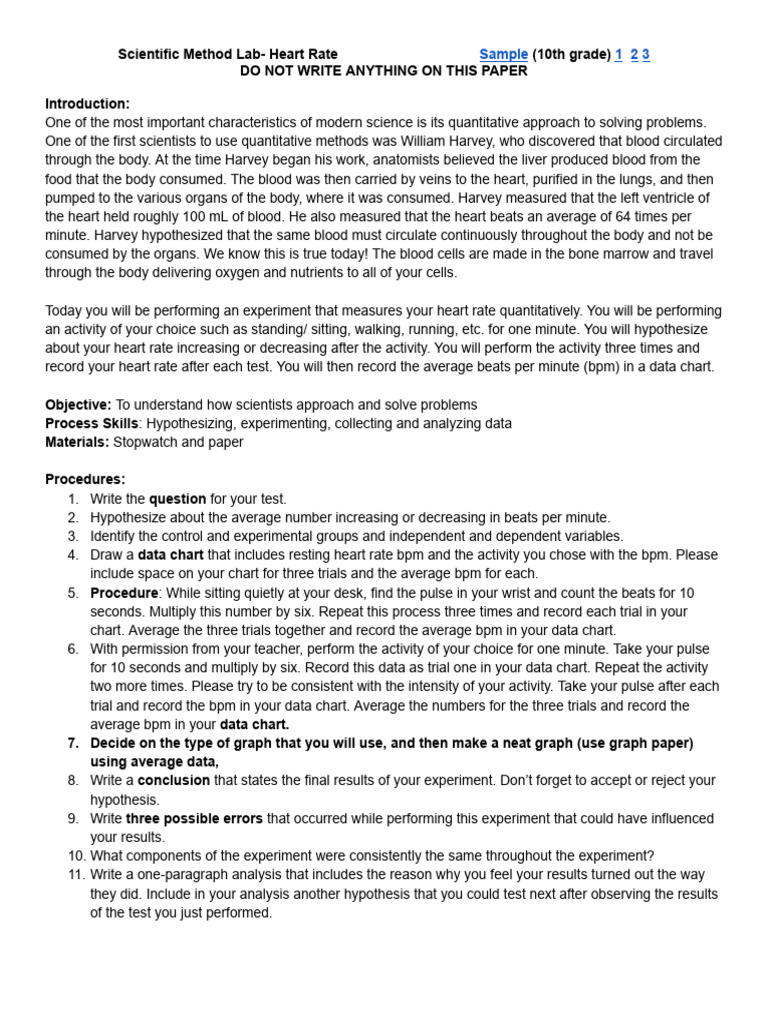 Scientific Method Lab - Heart Rate (Freshmen) | PDF