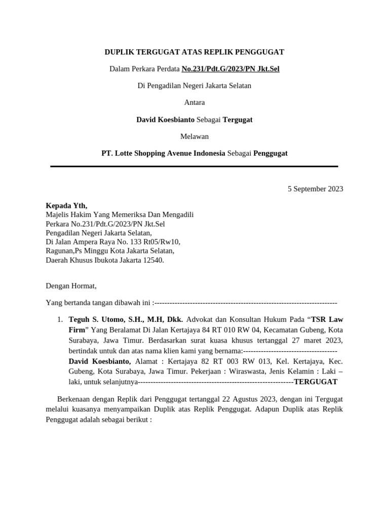 Duplik Tergugat Atas Replik Penggugat | PDF | Pengelolaan Keuangan ...