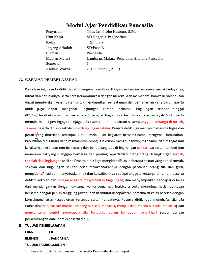 Modul Ajar Pend Pancasila Kelas 4 - Pak Probo | PDF