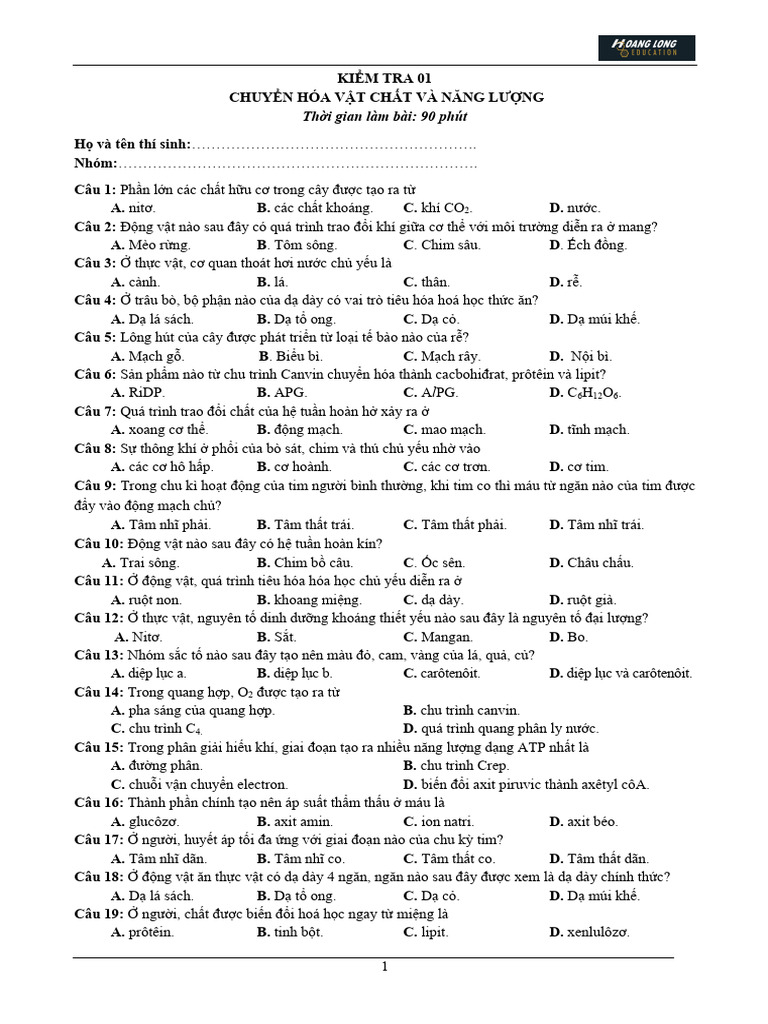 12 CB KT01 - Chuyển hoá vật chất và năng lượng | PDF